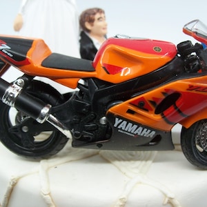Motorcycle Dirt Bike Wedding Cake Topper Bride and Groom Orange Red ...