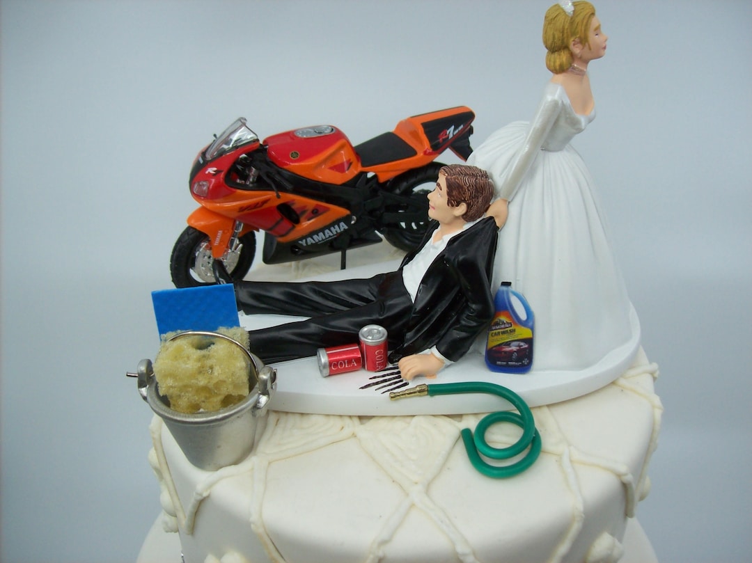 Motorcycle Dirt Bike Wedding Cake Topper Bride and Groom Orange Red ...