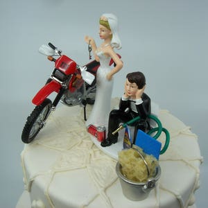 Motorcycle Dirt Bike Wedding Cake Topper Bride and Groom Funny Mechanic - Grooms Cake - Red ...