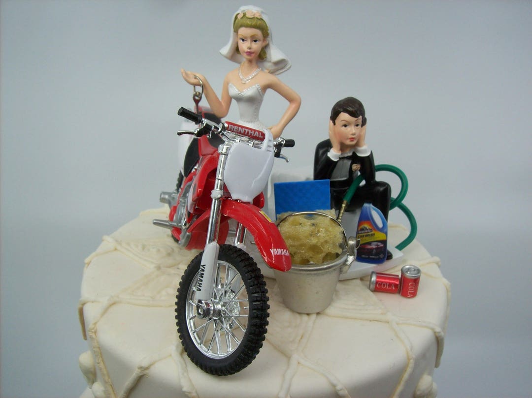 Motorcycle Dirt Bike Wedding Cake Topper Bride and Groom Funny Mechanic ...