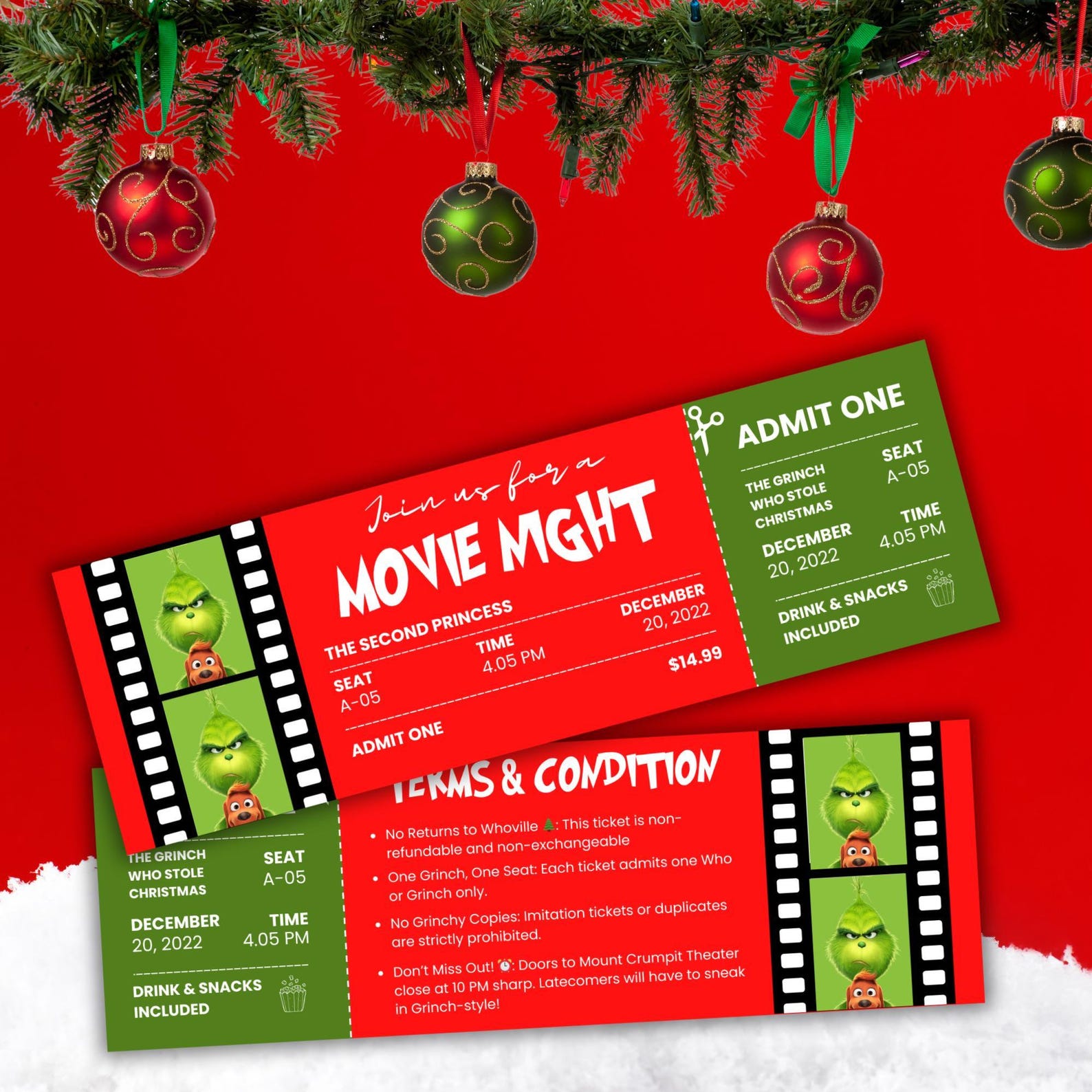 Grinch Movie Ticket Template - Editable Canva Movie Ticket, Movie Night ...