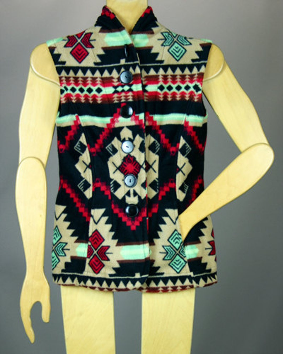 Vest of Multicolored Native Design. Stand up Collar, Buttons, Side ...