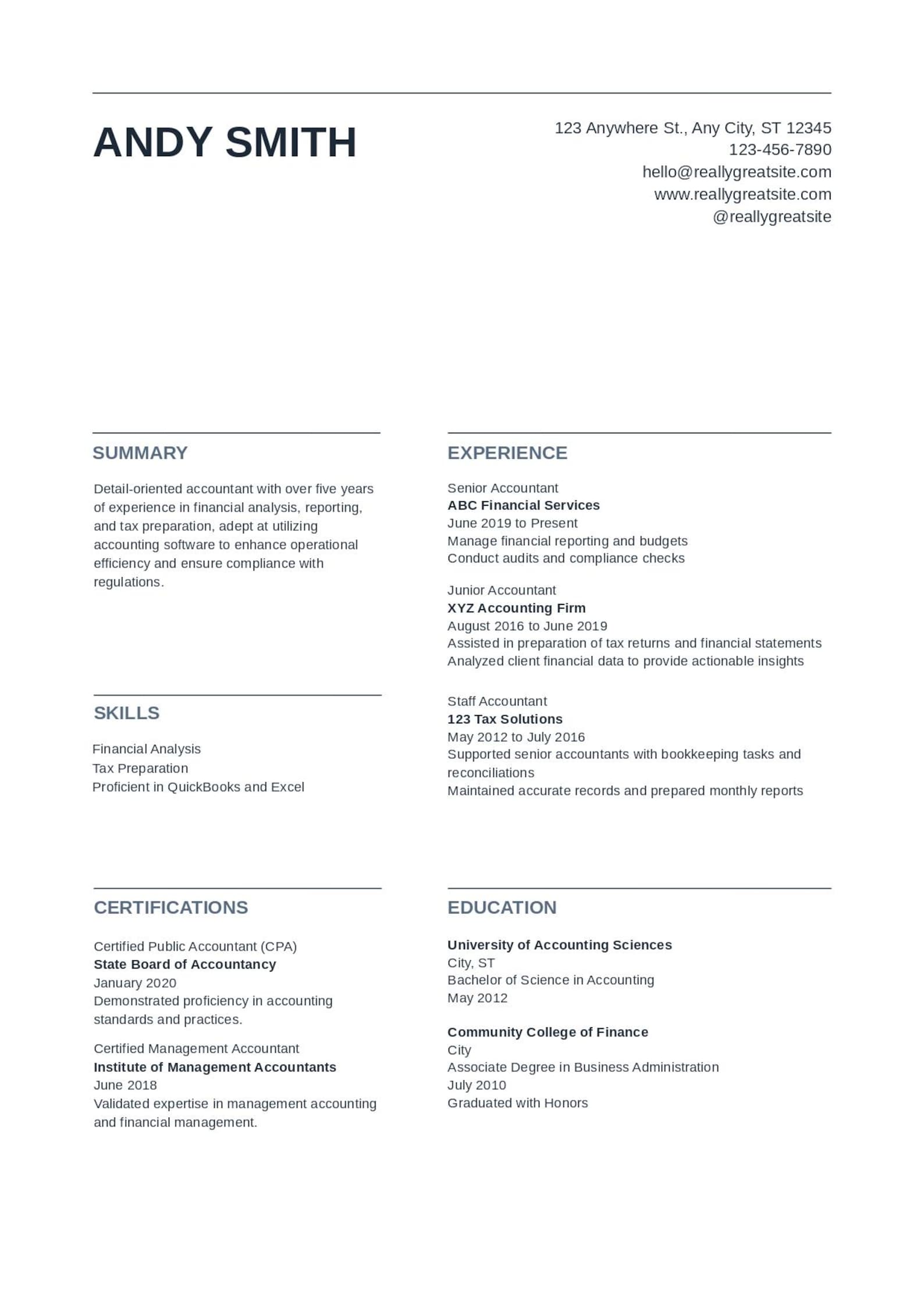 CV Template for a Senior Accountant - Etsy