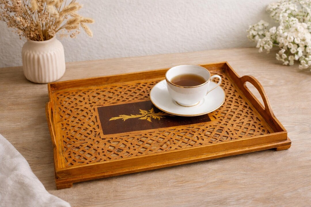 Hand Carved Wooden Tray With Handle, Vintage Folk Art, Rustic Boho Home ...