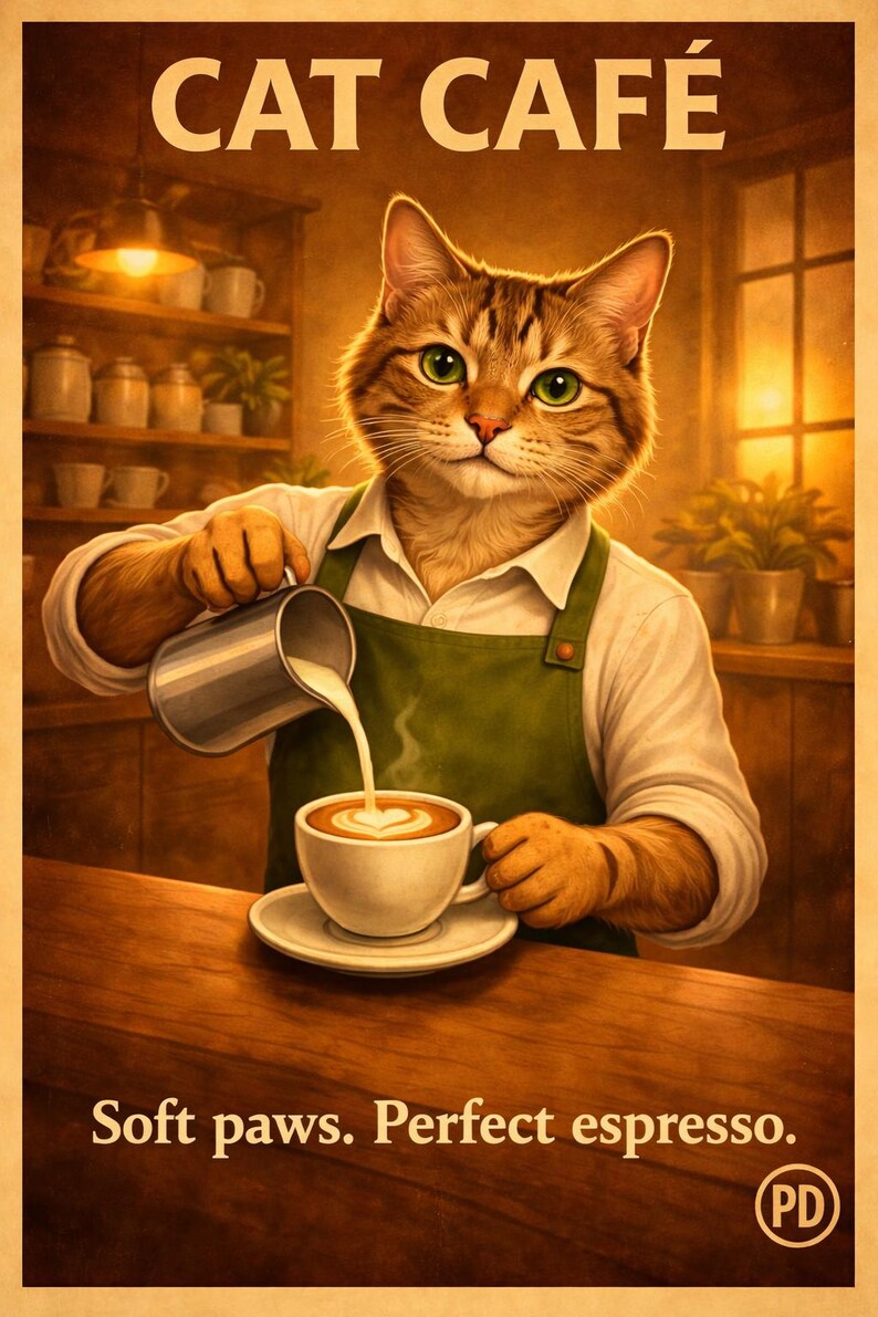 Animal Cafe Art Prints: Vintage Coffee Bar, Cat, Parrot, Eagle (digital ...