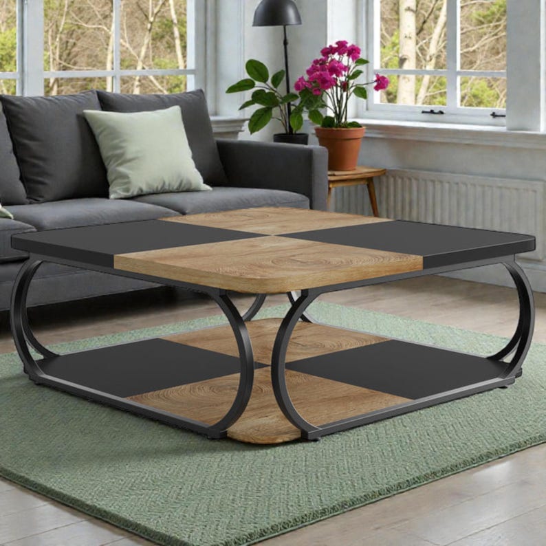 39” Square Coffee Table, 2-tier Farmhouse Cocktail Table With Storage ...