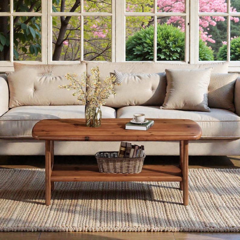 Solid Wood Coffee Table 47” Rectangular Mid-century 2-tier Center Table ...