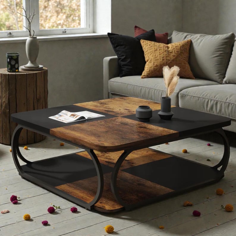 39” Square Coffee Table, 2-tier Farmhouse Cocktail Table With Storage ...
