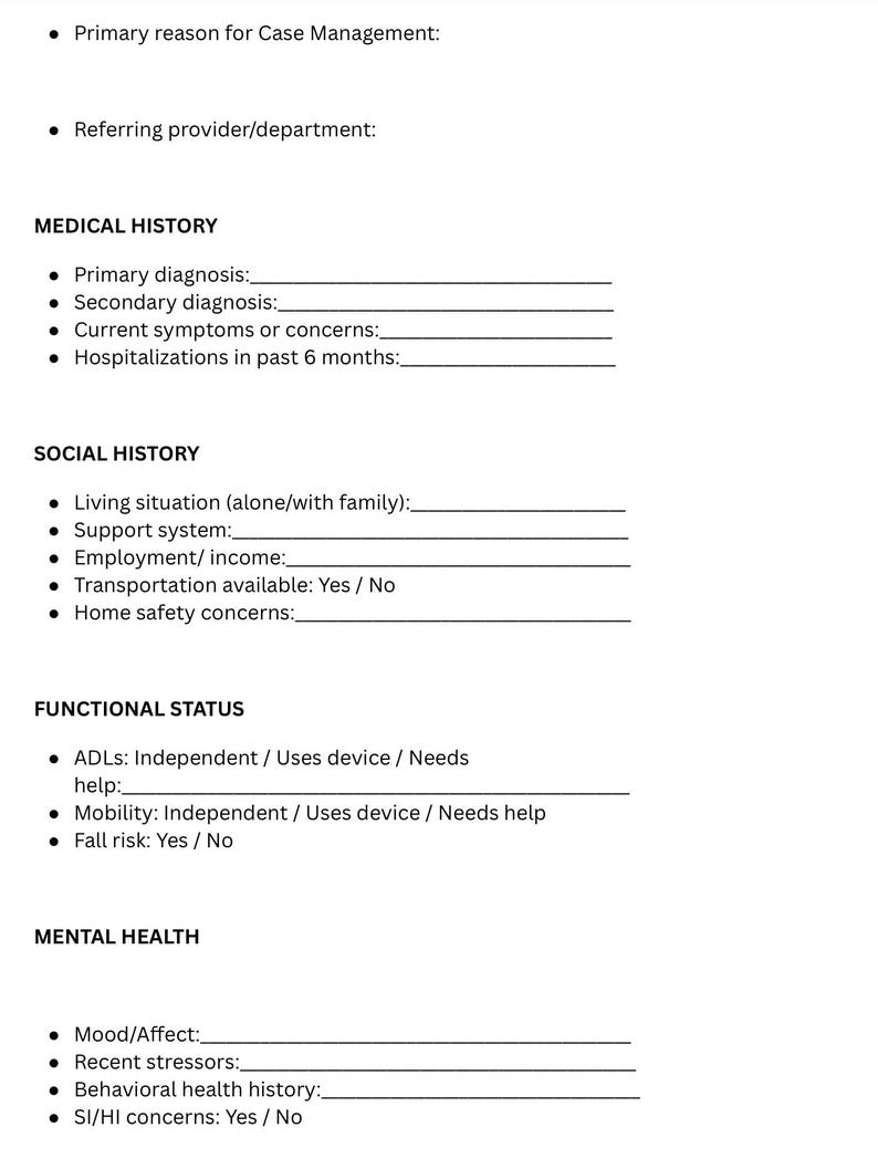 Case Management Assessment Template | RN Case Manager Intake Form ...
