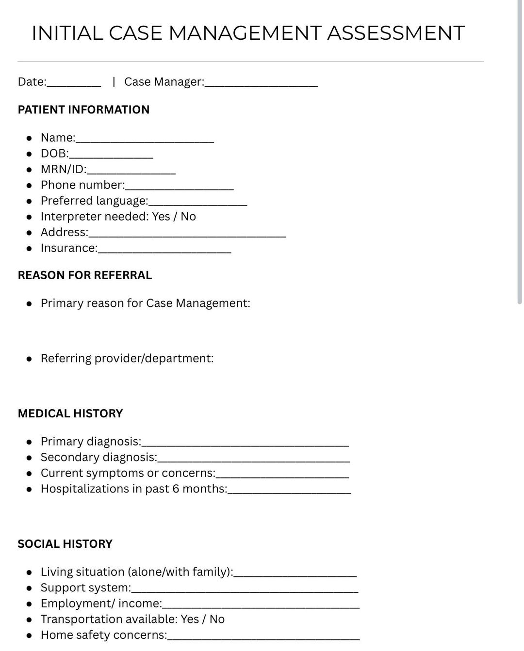 Case Management Initial Assessment Template | Printable RN Social Work ...