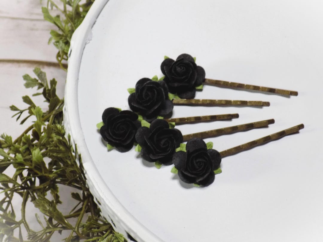 Gothic Black Rose Paper Flower Hair Pins | Gold Bobby Pins | Prom or ...