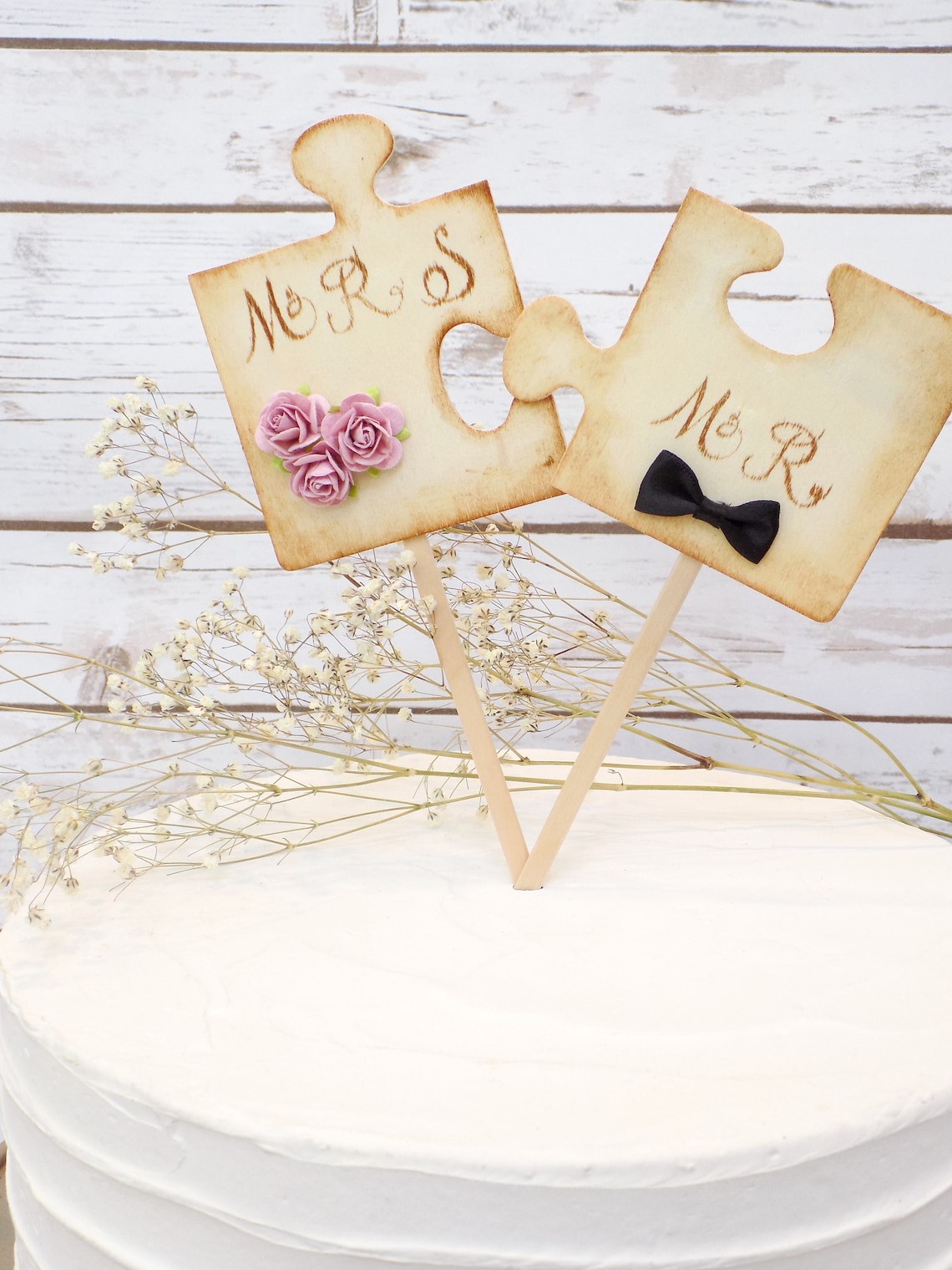 Personalized Mr & Mrs Puzzle Piece Wedding Cake Topper | Rustic Wood ...