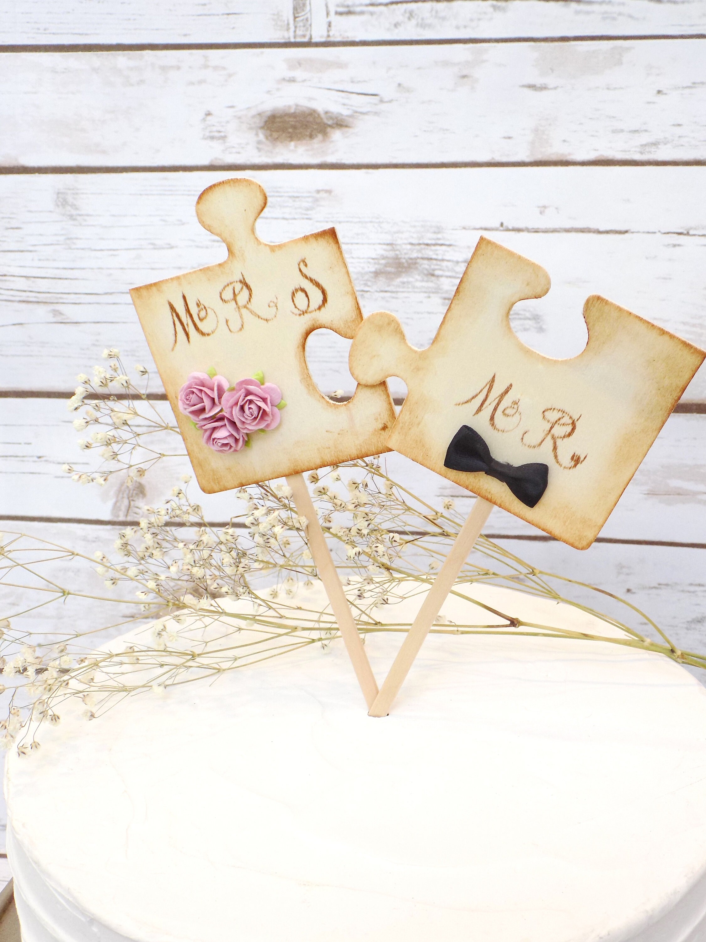 Personalized Mr & Mrs Puzzle Piece Wedding Cake Topper | Rustic Wood ...