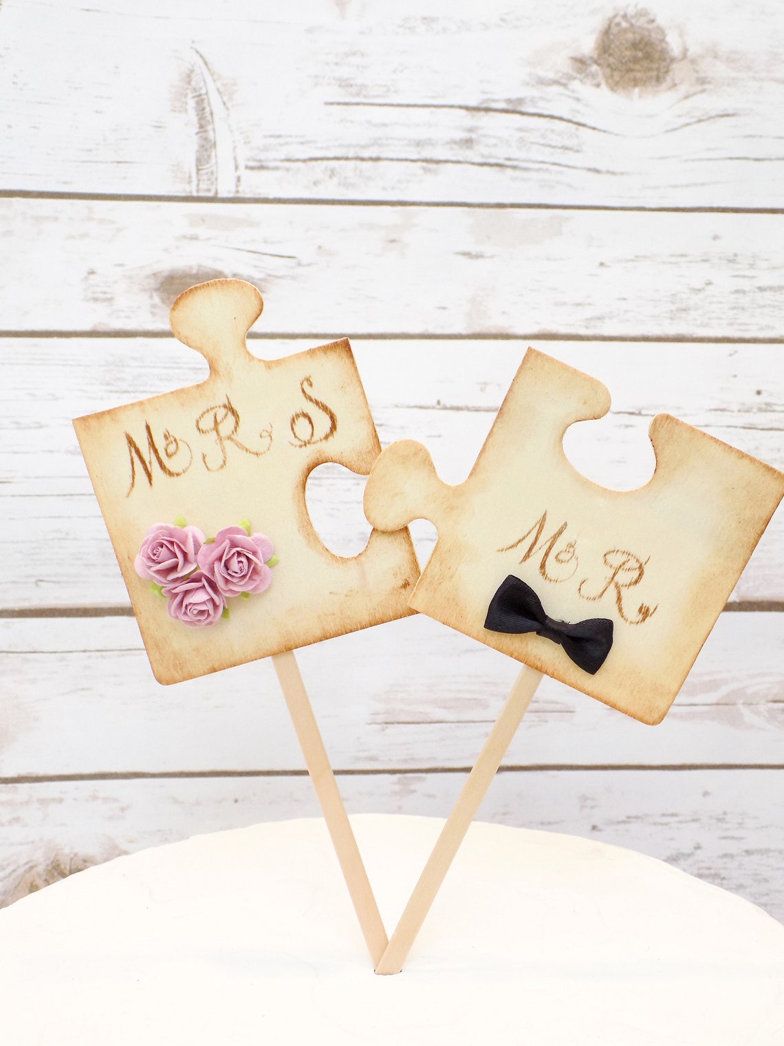 Personalized Mr & Mrs Puzzle Piece Wedding Cake Topper | Rustic Wood ...