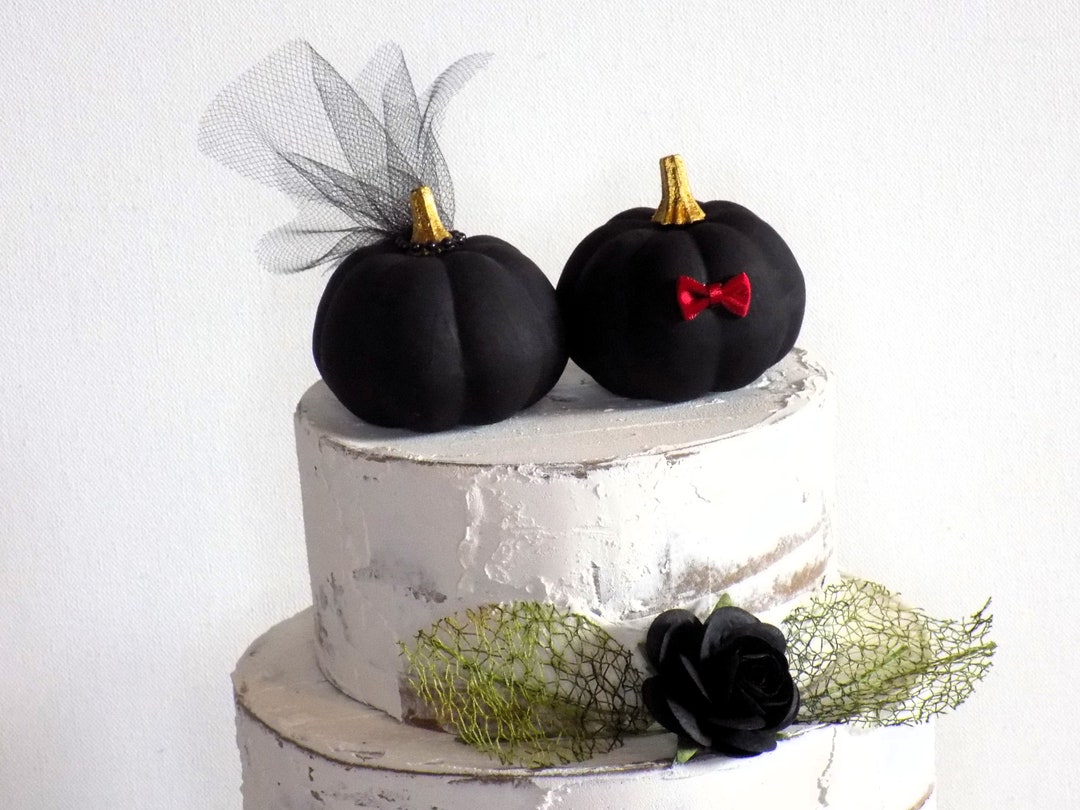 Gothic Wedding Cake Topper | Black Pumpkin Bride & Groom - Etsy