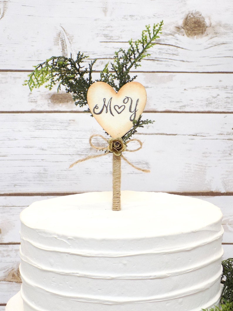 Personalized Rustic Wedding Initial Wood Heart Cake Topper Stick ...