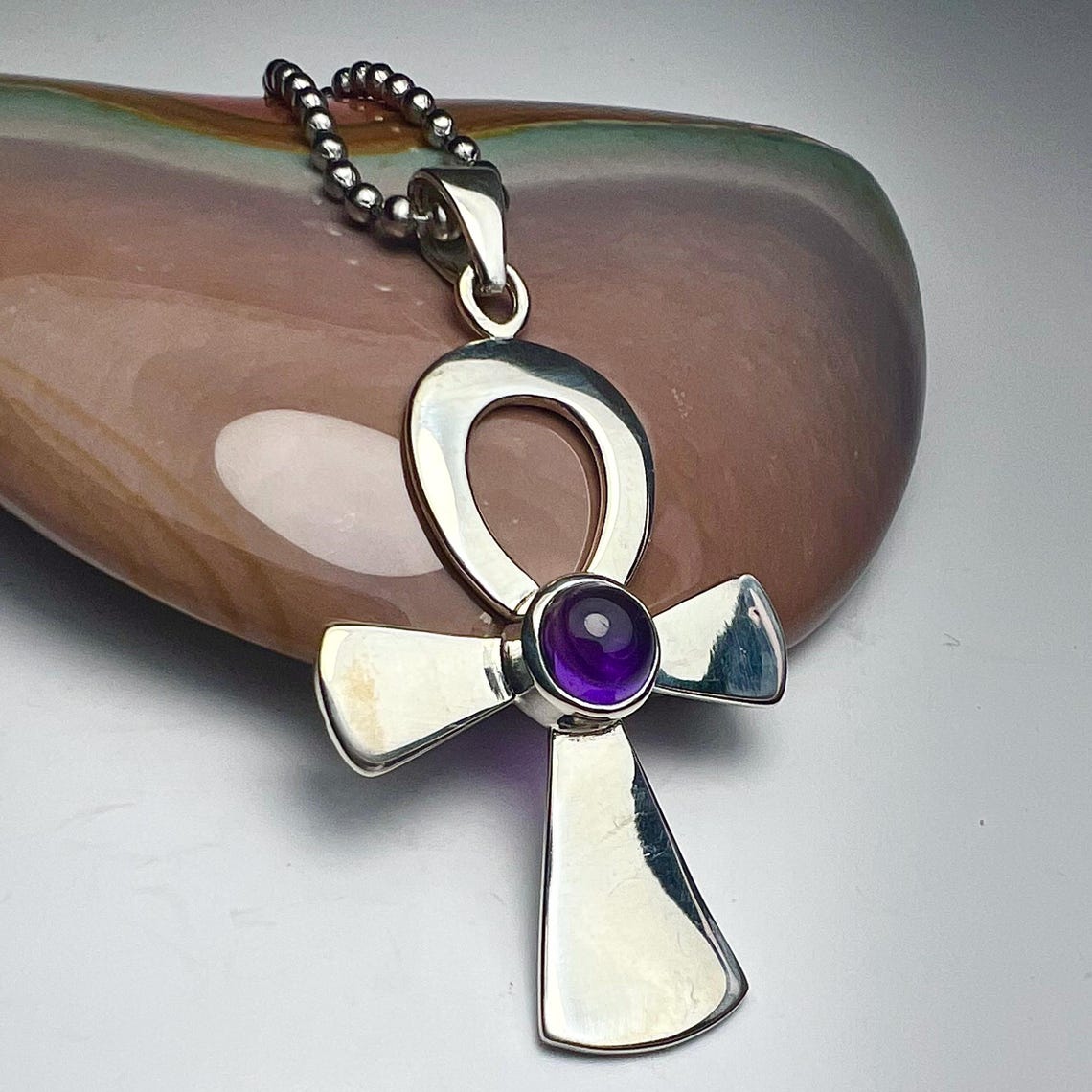 Handmade Sterling Silver Ankh Pendant: Large Amethyst Stone - Etsy