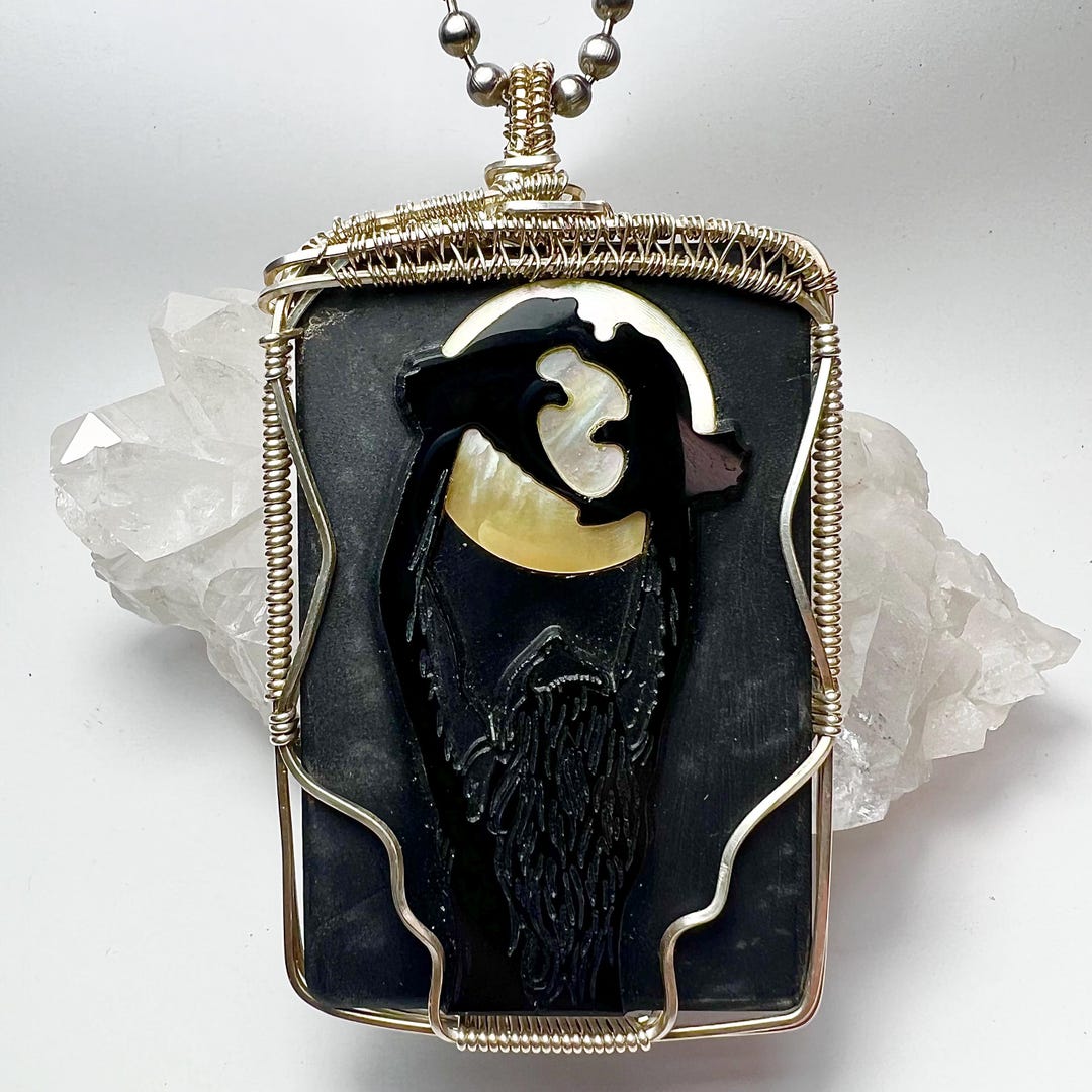 Raven Moon Pendant, LADY, Pendant, Black Jasper, Mother of Pearl ...