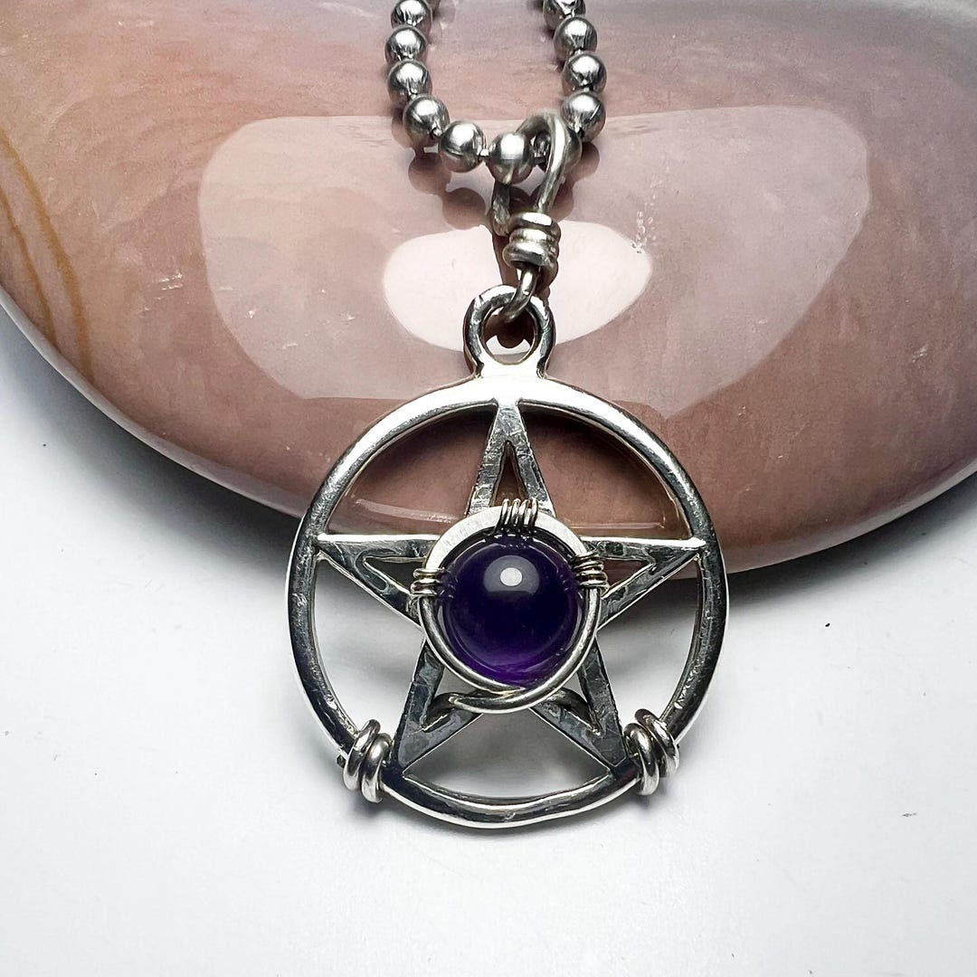 PENTACLE Sterling Silver and Amethyst Stainless Steel Chain, Pagan ...
