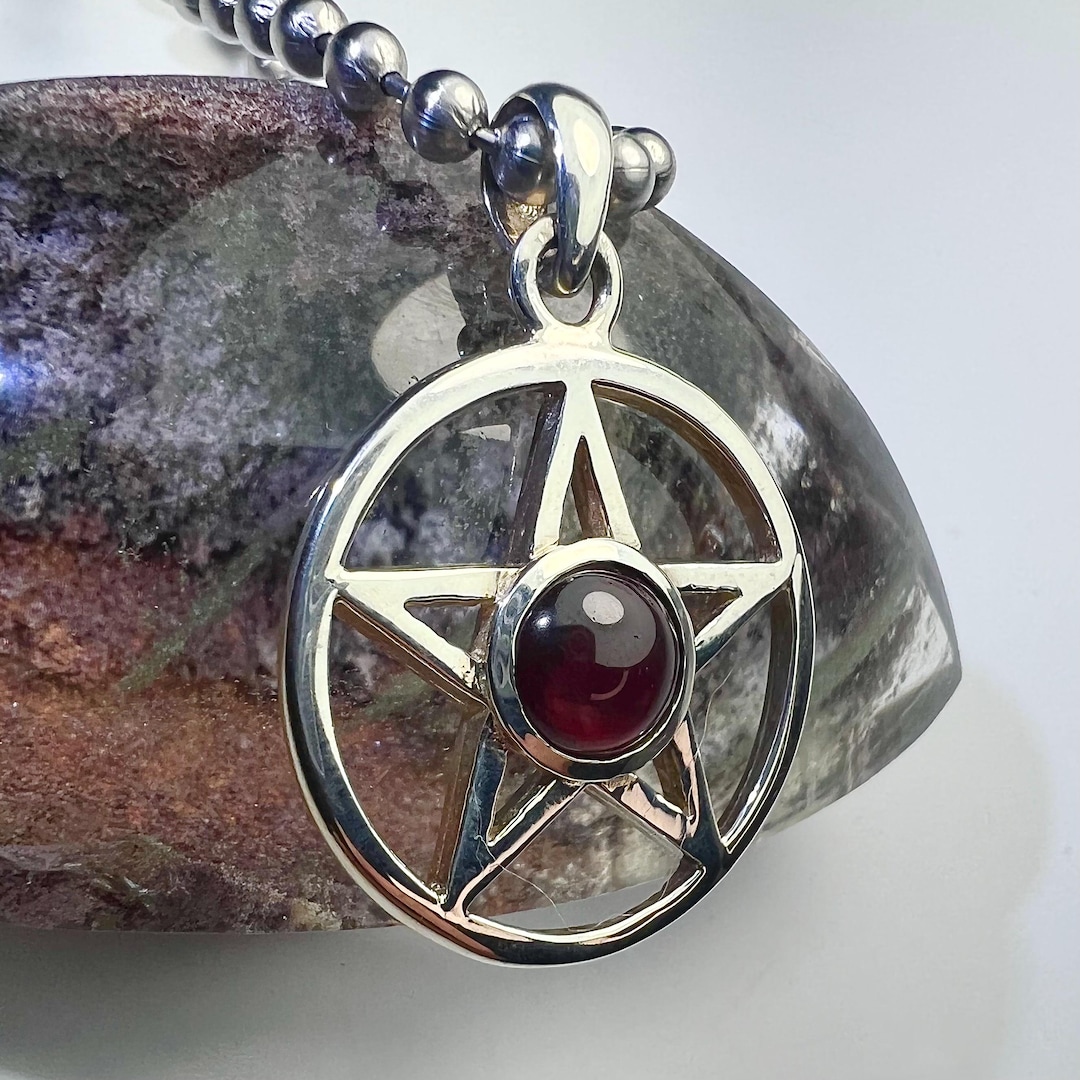 PENTACLE Sterling Silver and Garnet Stainless Steel Chain, Pagan Necklace, Pentagram Jewelry ...