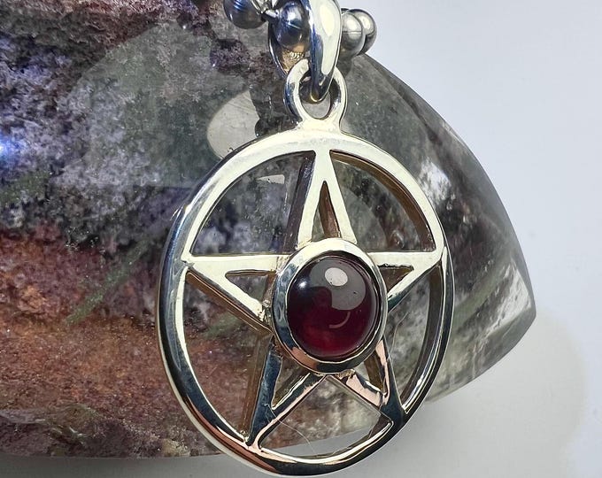 PENTACLE Sterling Silver and Garnet Stainless Steel Chain, Pagan ...