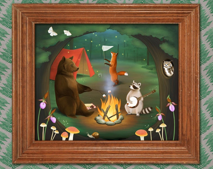 Woodland Animals Camping Art Print, Children's Room Decor, Animal Art ...