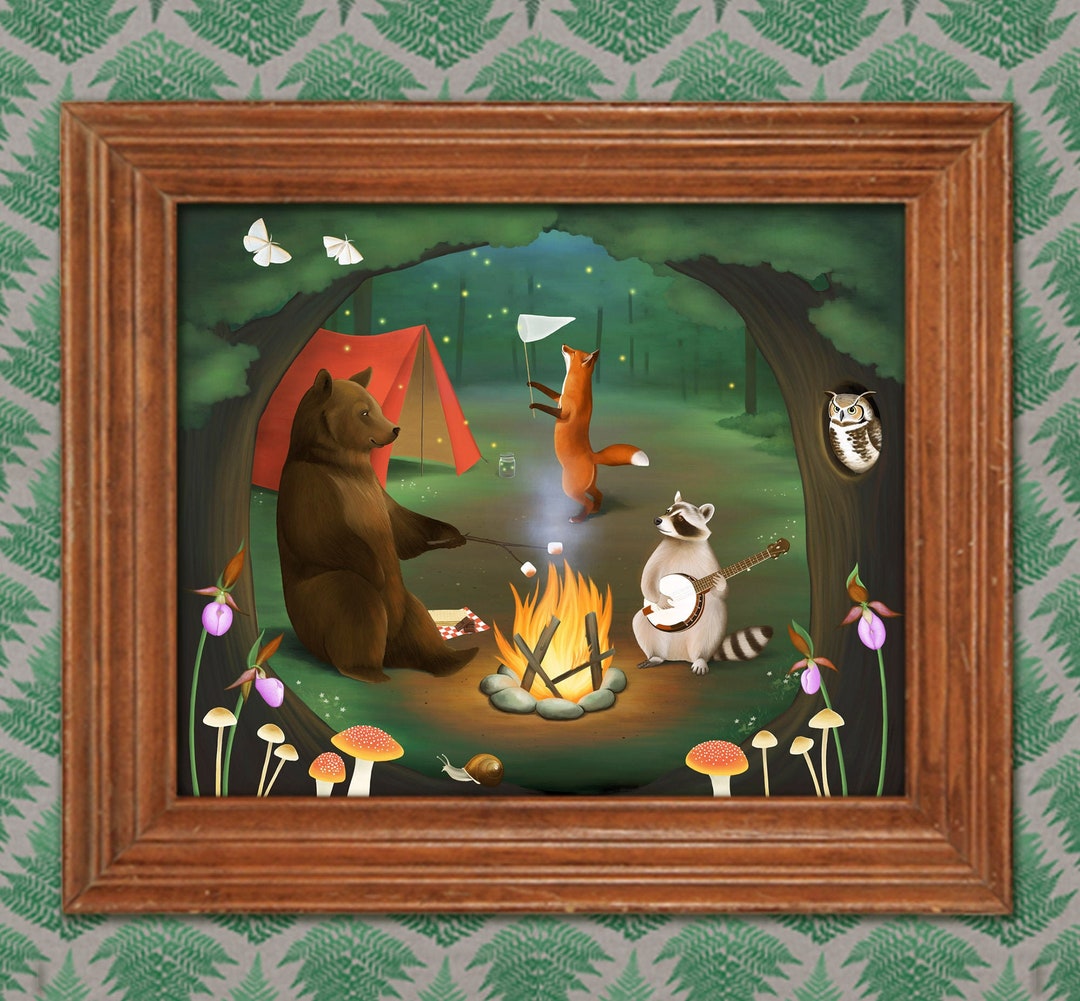 Woodland Animals Camping Art Print, Children's Room Decor, Animal Art ...