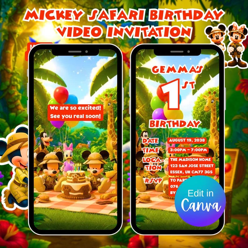 Mickey Mouse Safari Birthday Video Invitation | Jungle Theme (canva ...