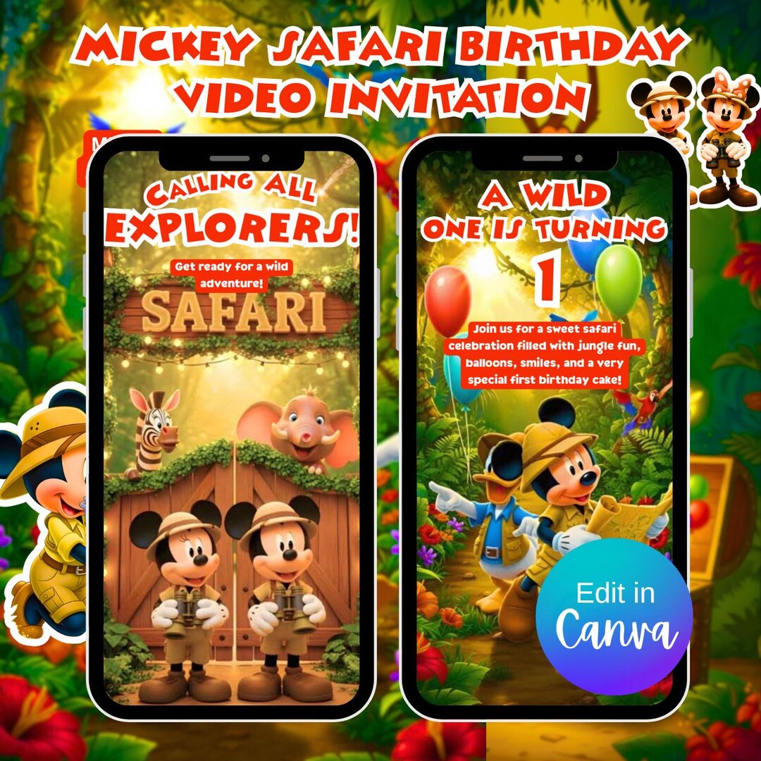 Mickey Mouse Safari Birthday Video Invitation | Jungle Theme (canva ...