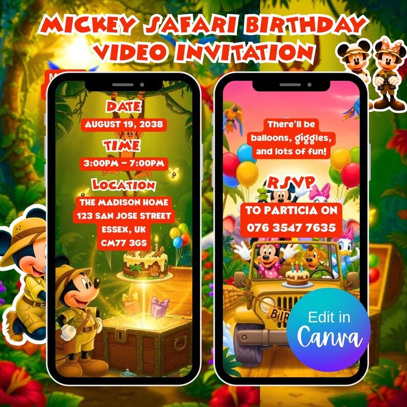 Mickey Mouse Safari Birthday Video Invitation | Jungle Theme (canva ...