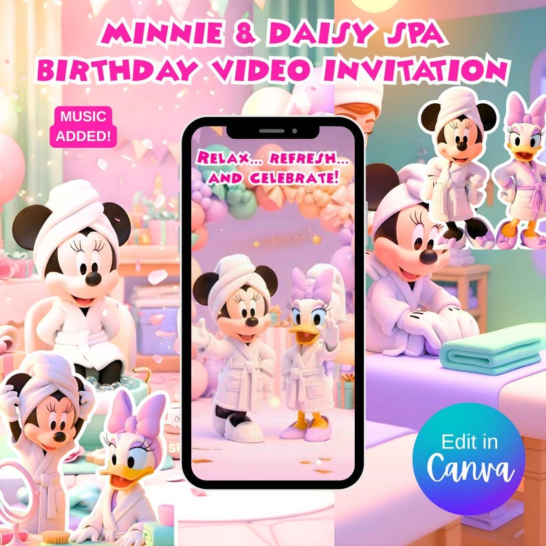 Minnie Mouse Spa Birthday Video Invitation | Editable Pamper Party ...