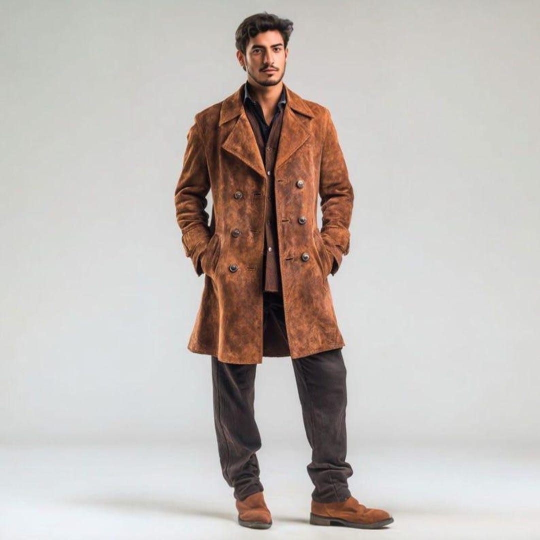 Men’s Vintage Brown Suede Leather Trench Coat | Long Western Overcoat ...