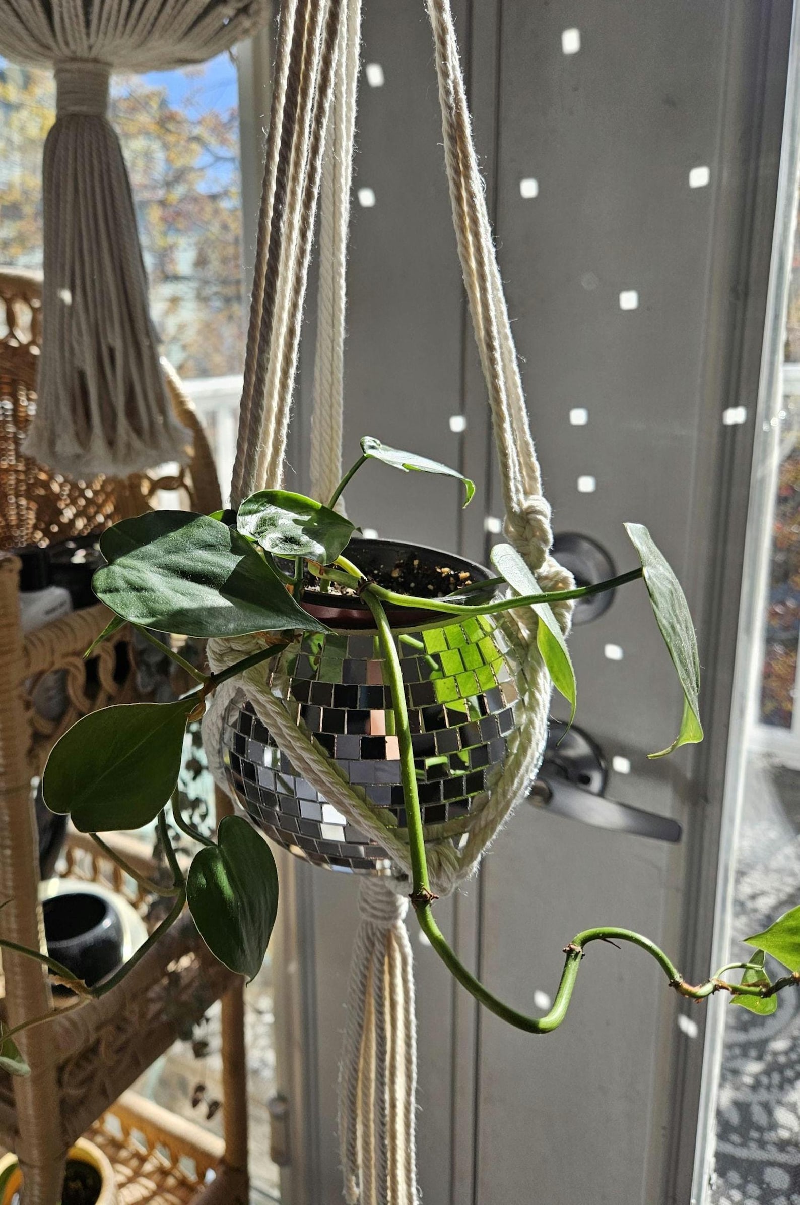 Hanging Macramé Disco Ball Planter, Dopamine Décor Disco Ball Plant Pot ...