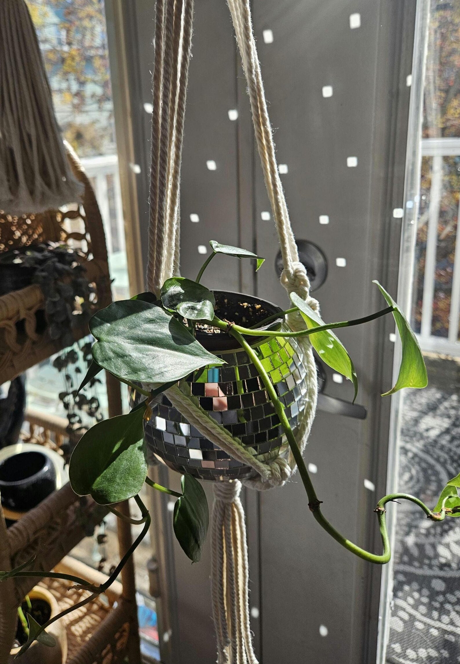 Hanging Macramé Disco Ball Planter, Dopamine Décor Disco Ball Plant Pot ...