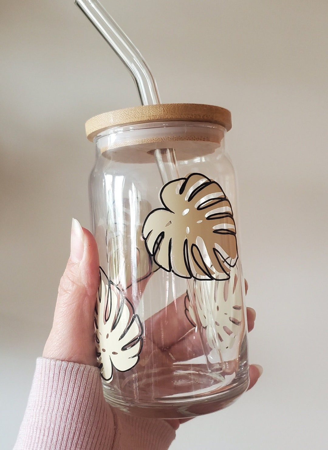 Neutral Monstera Leaf Glass Coffee Cup, Plant Can Glass Cup, Glass Ice ...