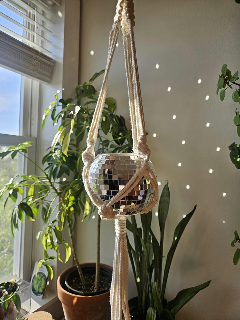 Hanging Macramé Disco Ball Planter, Dopamine Décor Disco Ball Plant Pot ...