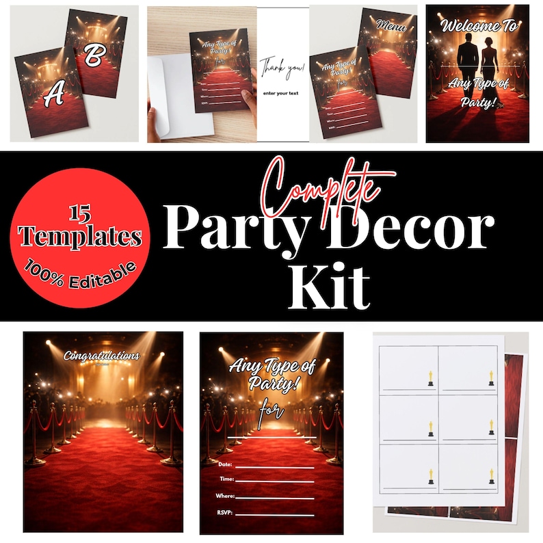 Red Carpet Awards Party Decor Kit, Editable Canva Templates (printable ...