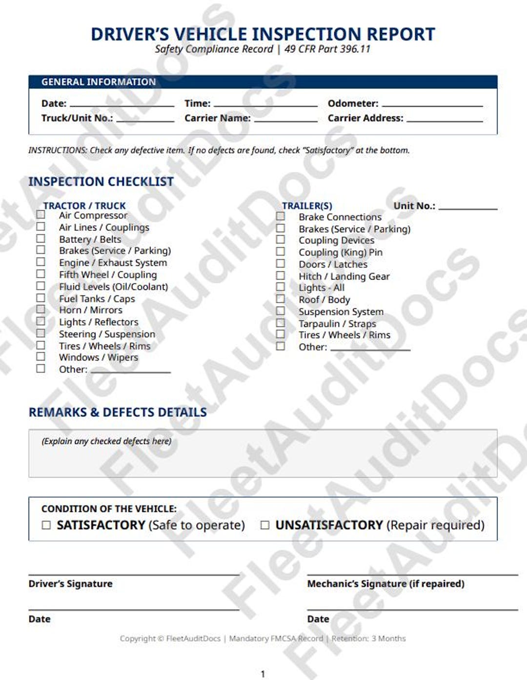 Daily Driver Vehicle Inspection Report (DVIR) | 49 CFR 396.11 | Truck ...