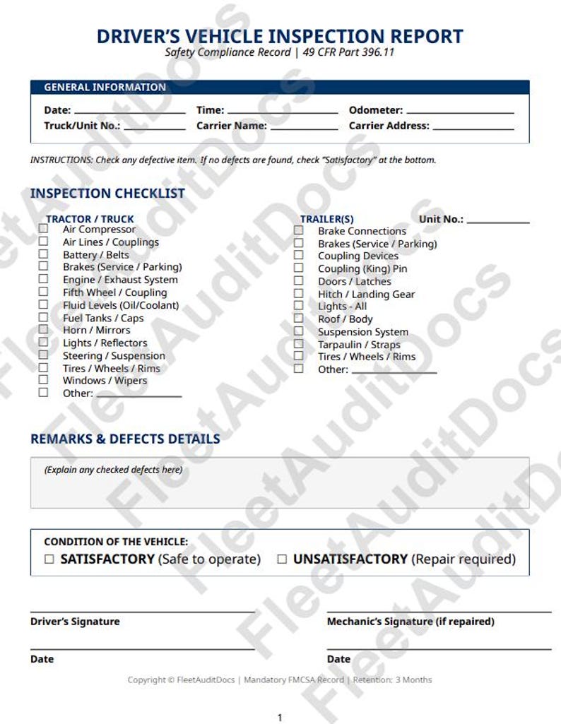 Daily Driver Vehicle Inspection Report (DVIR) | 49 CFR 396.11 | Truck ...
