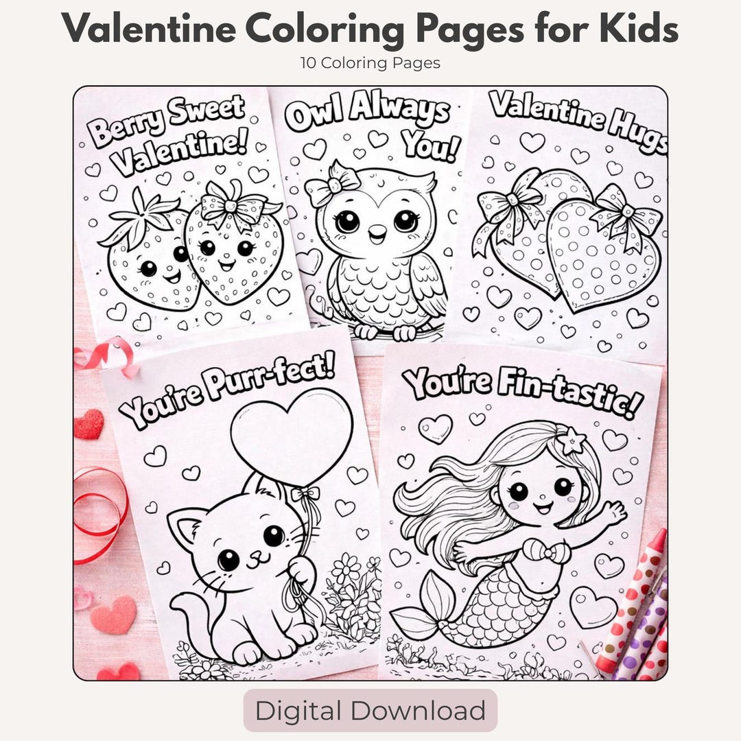 Valentines Day Coloring Pages Unicorn Princess Hearts Instant Download ...