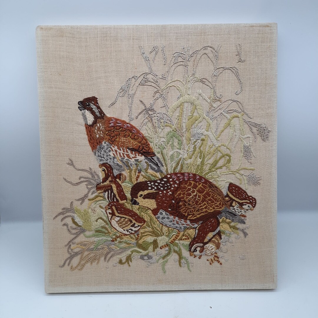 Vintage 1977 Quail Chukar Birds Family Crewel Embroider Wall Décor/wall ...
