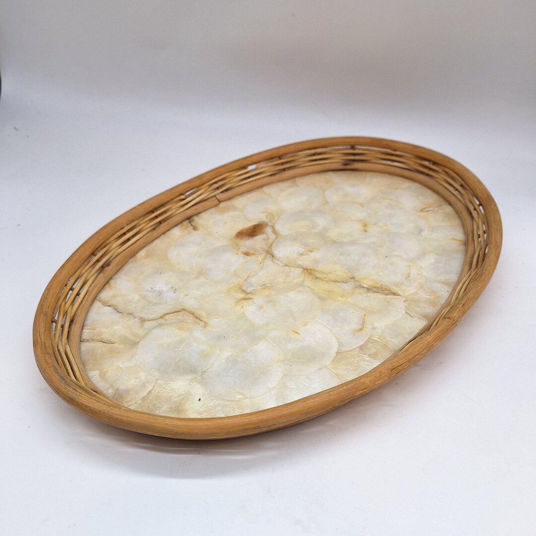 Vintage Oval Capiz Shell Ratan Decorative Serving Tray Elegant Coastal ...
