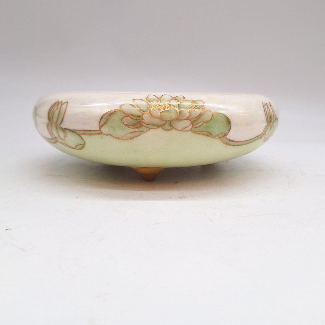 Vintage Art Deco Ceramic Bowl Hand Painted Lotus Water Lilies Round Low ...