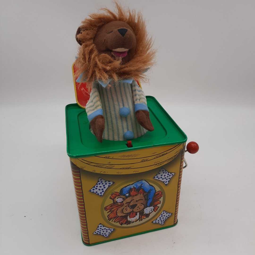 Vintage Sleepy Lion Jack in the Box Toy Tin Case Bolz Germany Alphabet ...