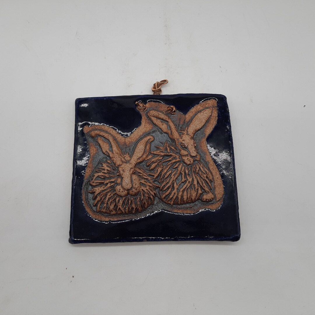 Art Pottery Bas Relief Bunny Rabbit Tile Wall Art Cobalt Blue Brown ...