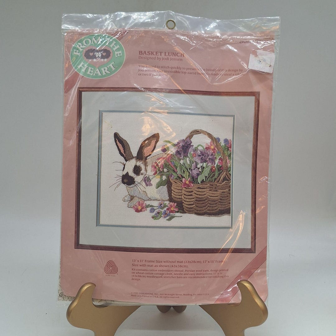 Vintage Crewel Bunny Rabbit Embroidery Complete Kit Dimensions From the ...