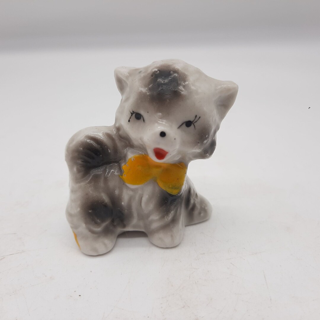 Vintage Japanese Kitty Cat Kitten Miniature Figurine Yellow Bow Ceramic ...