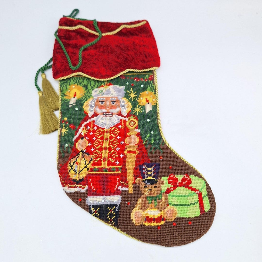Christopher Radko Needlepoint Christmas Stocking Red Velvet Gold Green ...