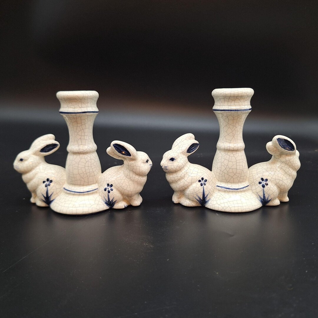 Dedham Pottery Bunny Rabbit Candle Holders Vintage Country Cottage ...