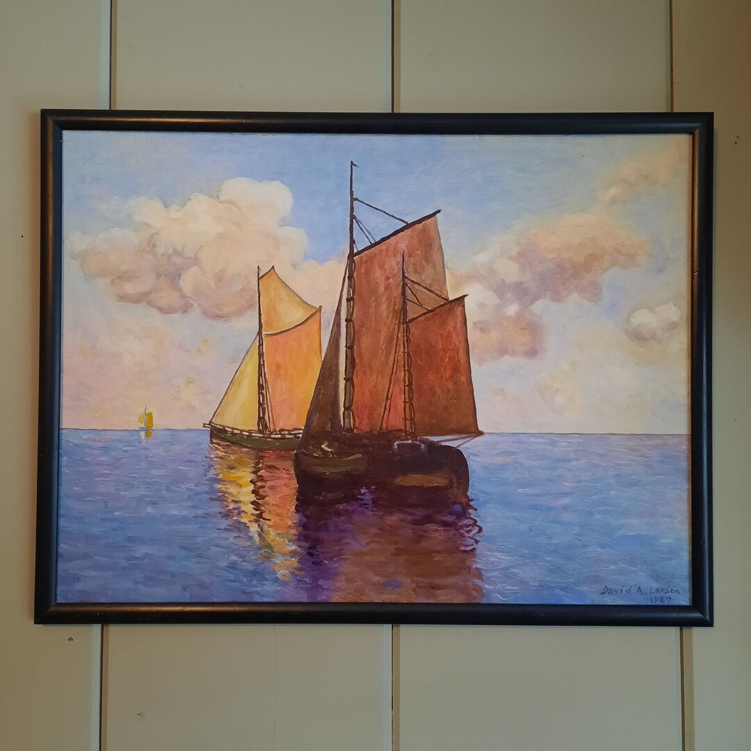 Mid Century Modern Artist Painting Sailboats on Water David A. Larson ...